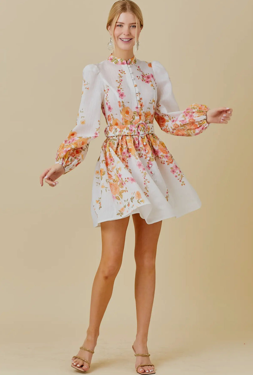 The Paige Floral Puff Sleeve Belted Mini Dress – The Styled Boutique